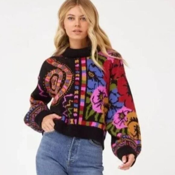 FARM Rio | Sweaters | Farm Rio Sweater Mixed Scarves Black Floral ...